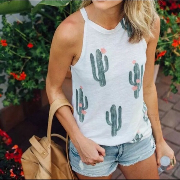 Cactus | Tops | White Cactus Graphic Tank Top Strappy Cami Tee | Poshmark